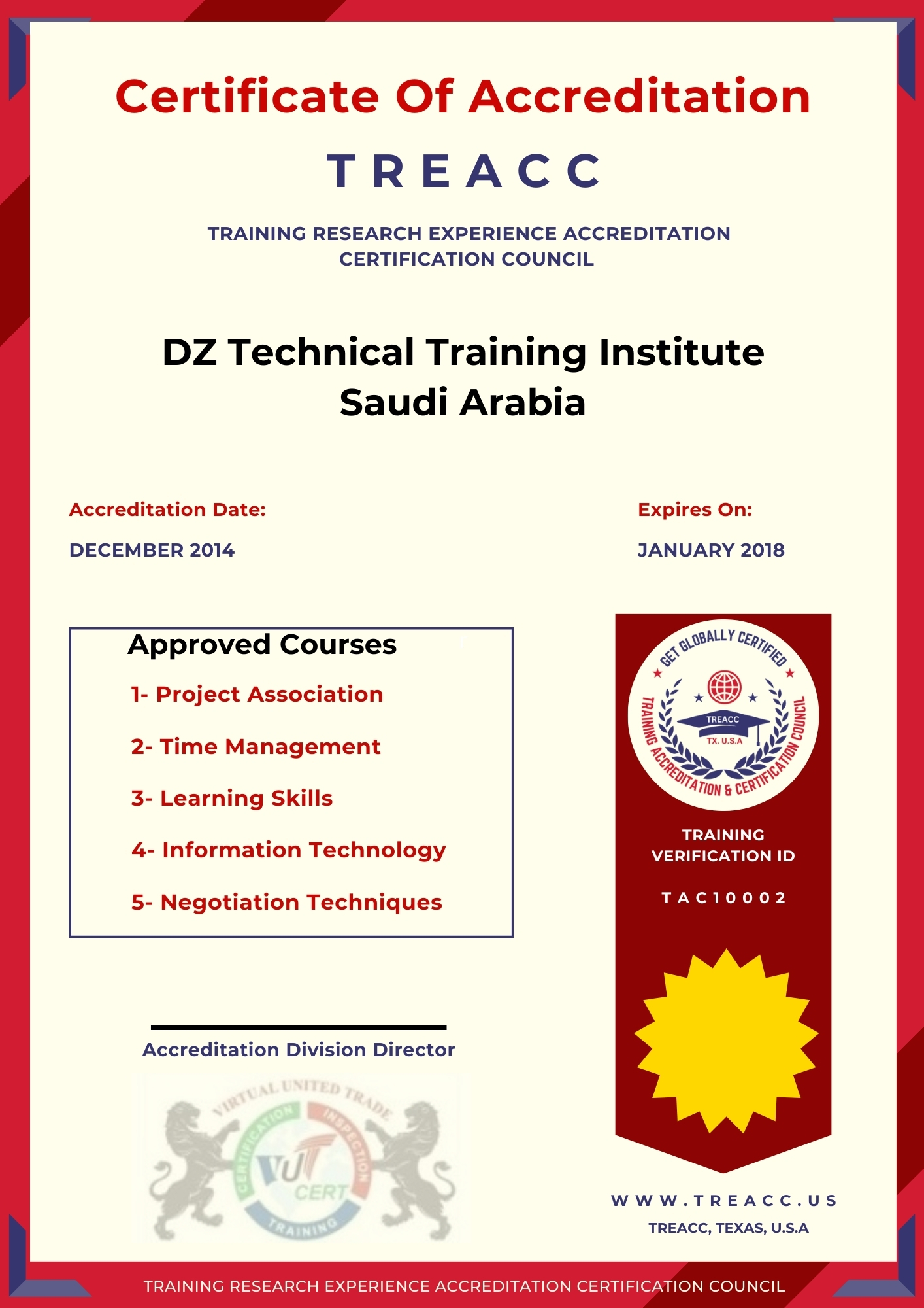 ACCREDITATION Sample Certificate – TREACC